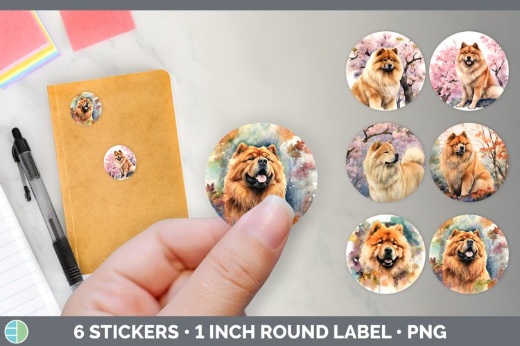 Japanese Watercolor Chow Chow Dog Stickers | Round Labels De