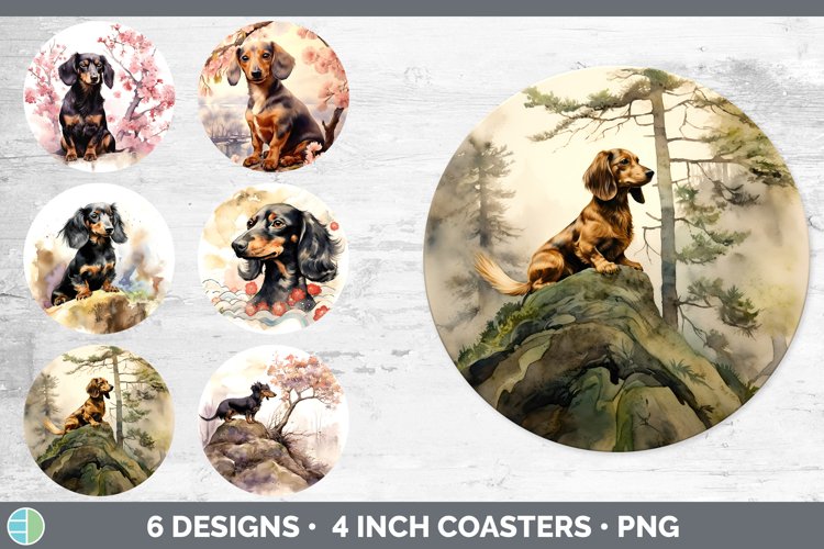 Japanese Watercolor Dachshund Dog Round Coaster Sublimatio