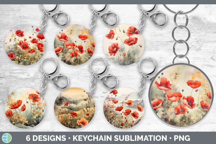 Japanese Watercolor Poppy Flowers Keychain | Sublimation Key