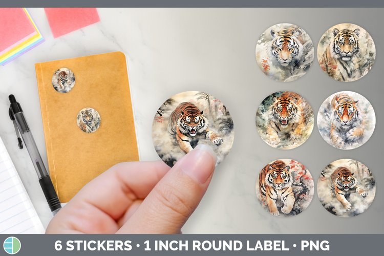 Japanese Watercolor Tiger Stickers | Round Labels Designs Bu