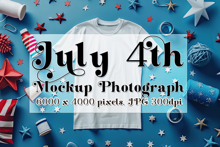 4th of July Mockup, White T Shirt on Blue Table Photograph 1