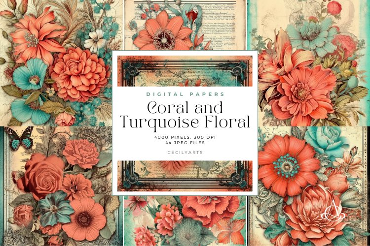 44 Coral and Turquoise Floral Junk Journal Pages