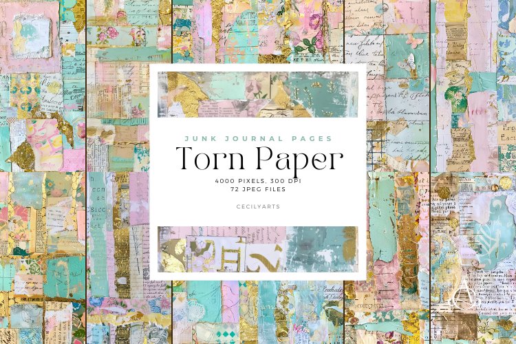 Pastel Green Gold Torn Paper Junk Journal Pages (4051331)