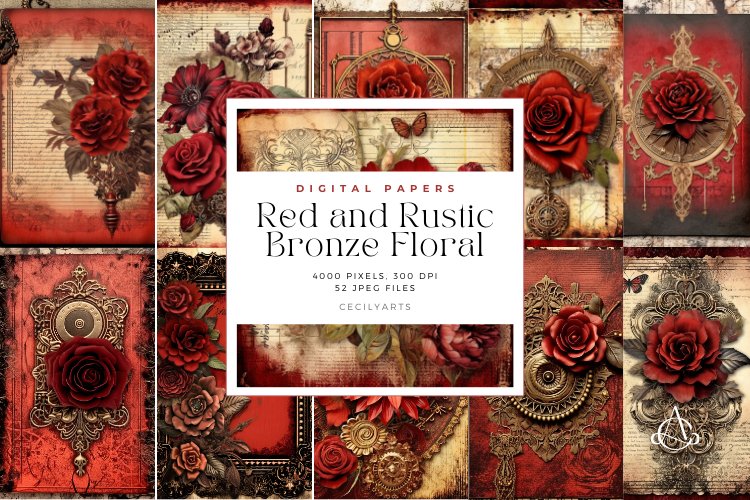 52 Deep Red and Rustic Bronze Floral Junk Journal Pages