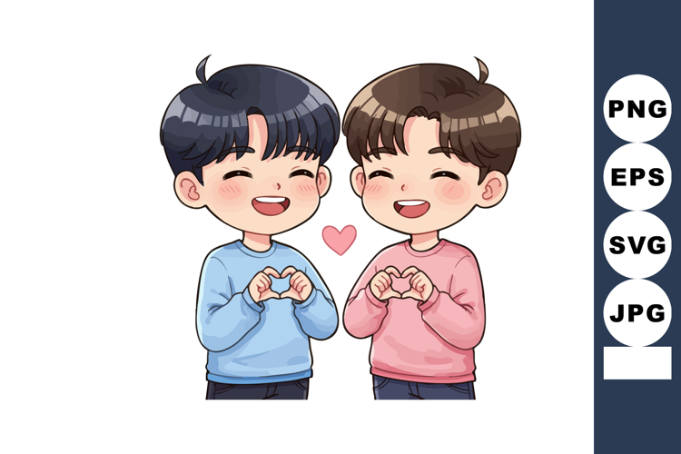 Two cheerful boys making heart hand signs with pink heart sy