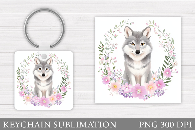 Cute Wolf Keychain Design. Wolf Flowers Keychain (5294813)