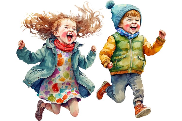 Watercolor of happy kids jumping with joy, laughing friends