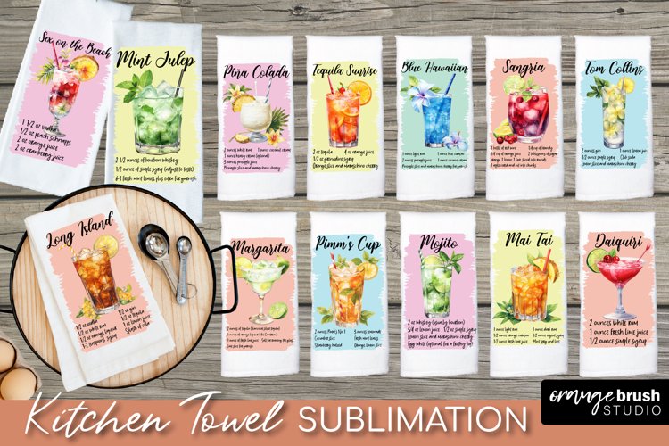 Kitchen Towel Sublimation Bundle, Cocktail Recipe 20 Designs
