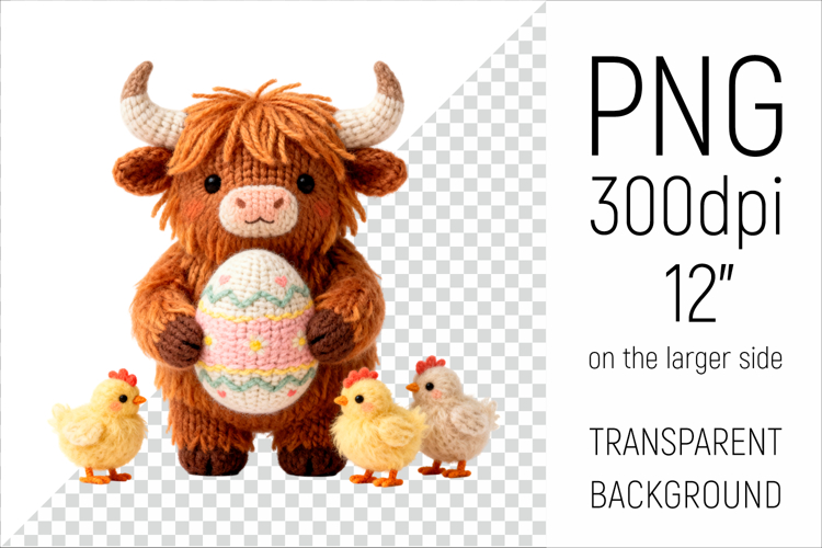 Cute Knitted Highland Cow with Easter Egg Clipart