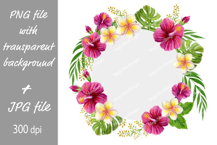 Tropical round frame PNG Watercolor flowers palm leaves