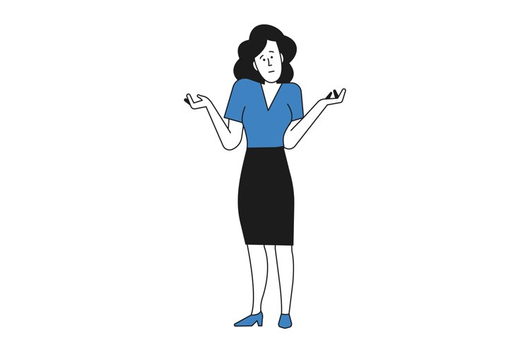 Woman shrug shoulders. Do not know expression. Doubting pers