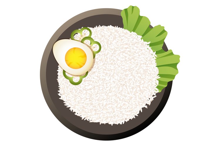 Asian rice bowl with egg and vegetables. Dish top view