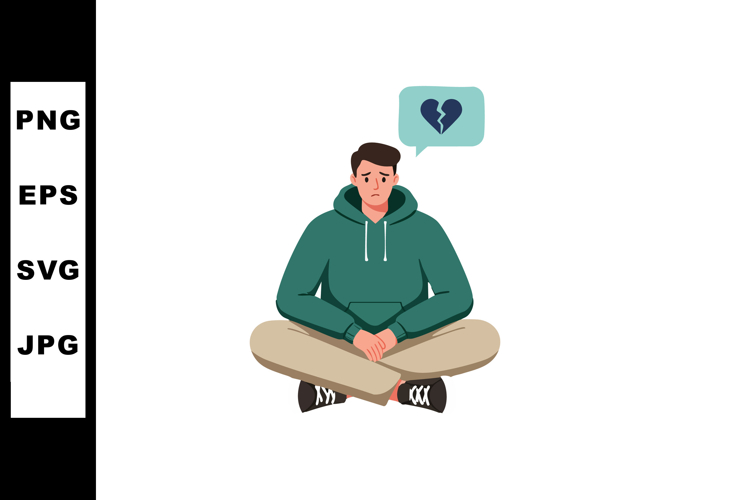 Sad young man sitting cross-legged with broken heart symbol