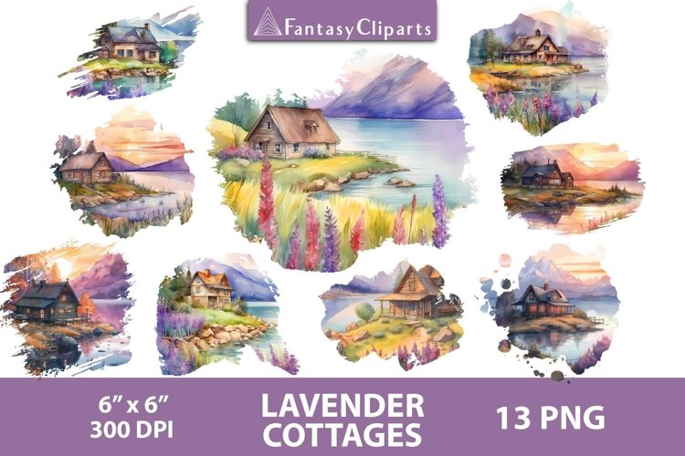 Lavender Cottage Overlay Clipart | Watercolor Mountain Cabin