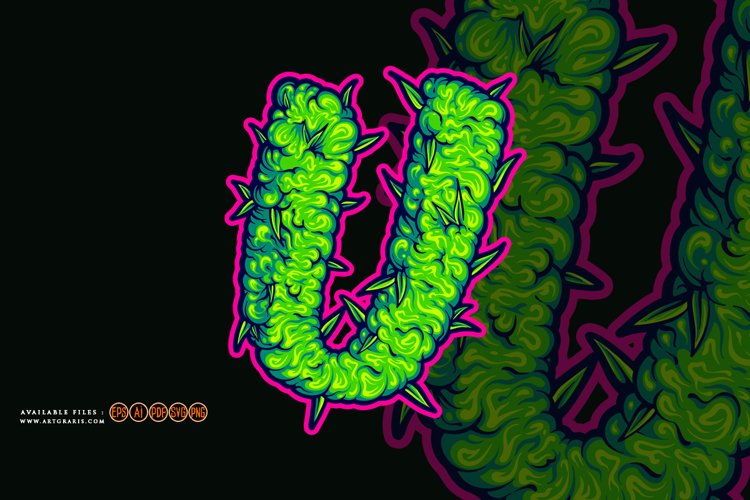 Letter U with hemp buds texture artistic monogram