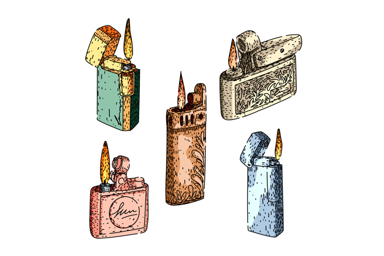 Hand drawn collection of vintage lighters igniting fire