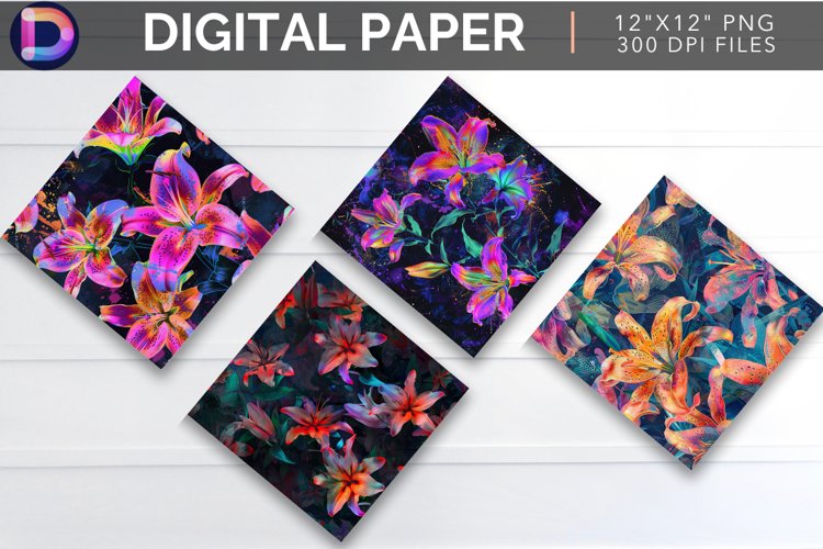 Neon Lily Flowers Digital Paper