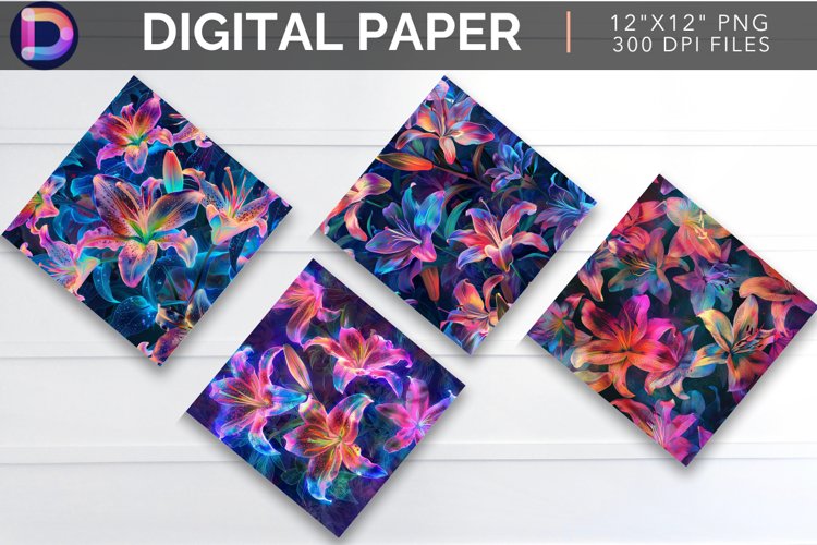 Neon Lily Flowers Digital Paper