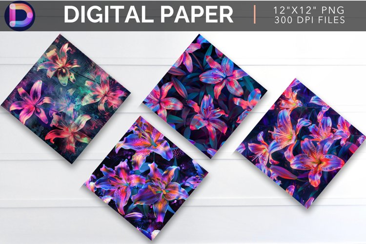 Neon Lily Flowers Digital Paper