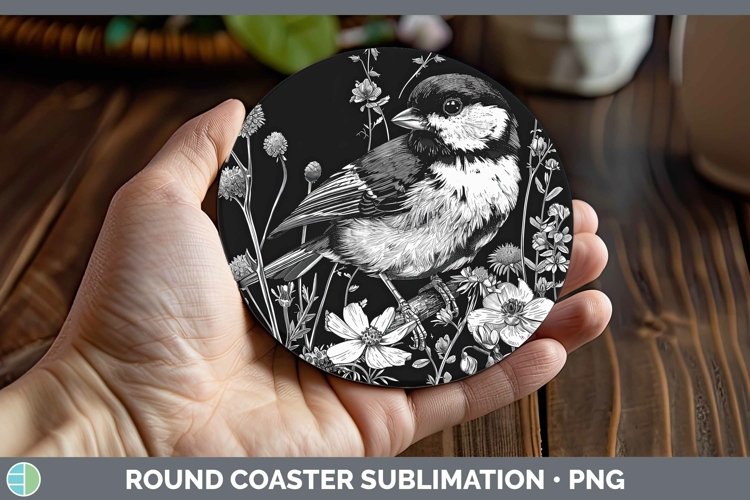 Linocut Chickadee Round Coaster Sublimation Coaster Designs