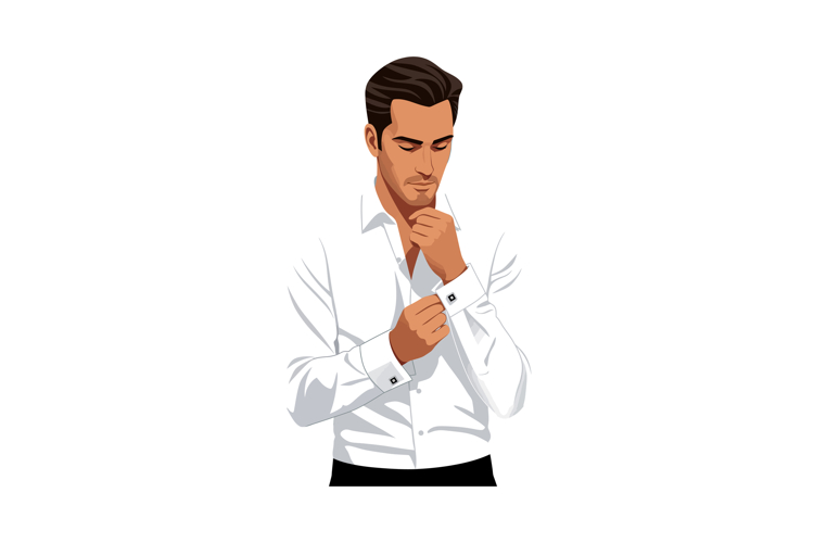 Man adjusting white dress shirt cuffs in thoughtful pose vec