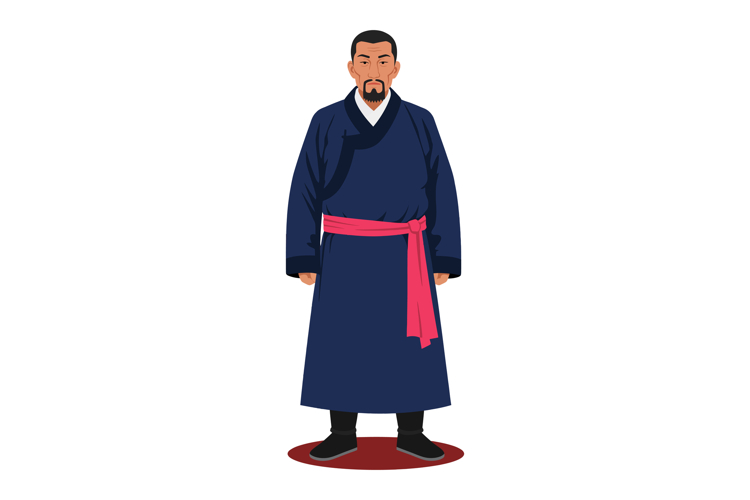 Traditional Asian Man Wearing Dark Blue Robe with Red Sash S