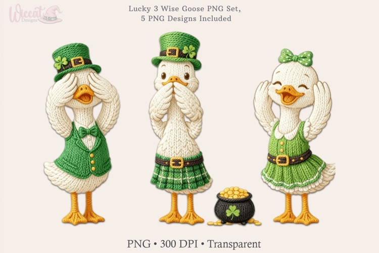 Lucky 3 Wise Goose PNG Set St Patrick Faux Yarn Clipart