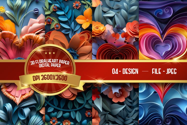 3D Floral Heart Digital Paper (3644849)