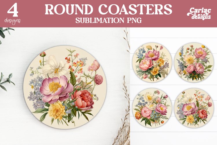Flowers Coaster Sublimation, Vintage Round Coaster