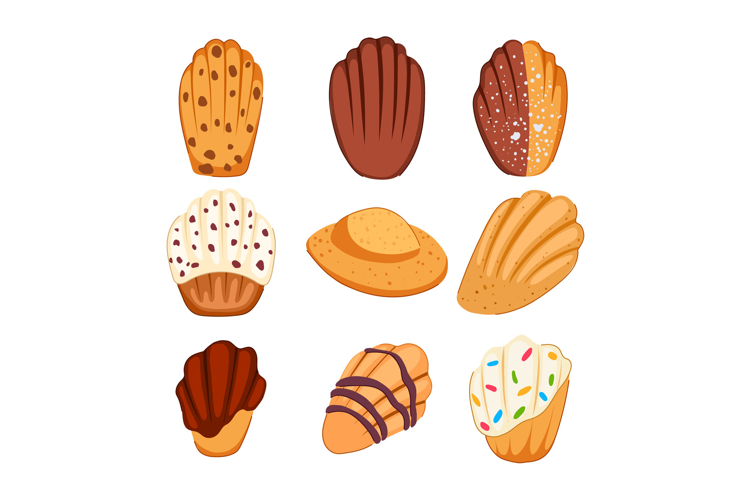 Assorted decorated french madeleine sweet pastries collectio