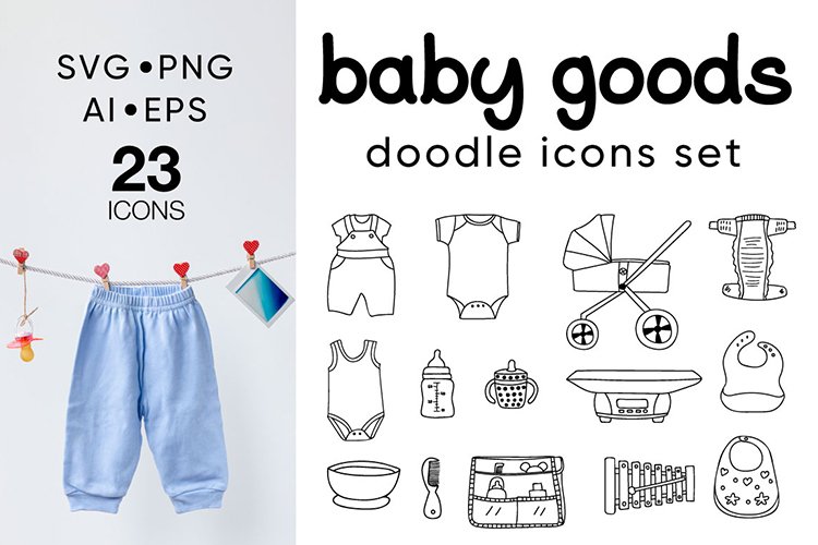 Baby goods doodle icons collection