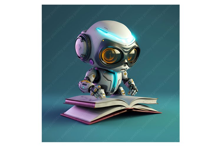 3D Render Robot reading a book