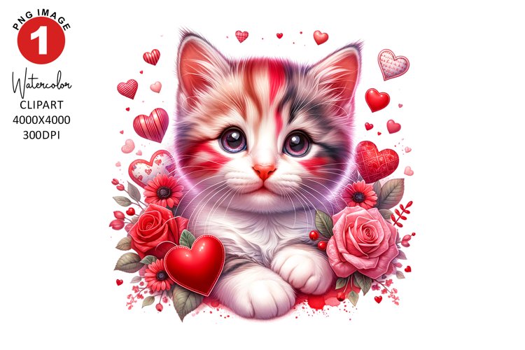 Valentines Day Kitten Clipart | Watercolor (3235927)