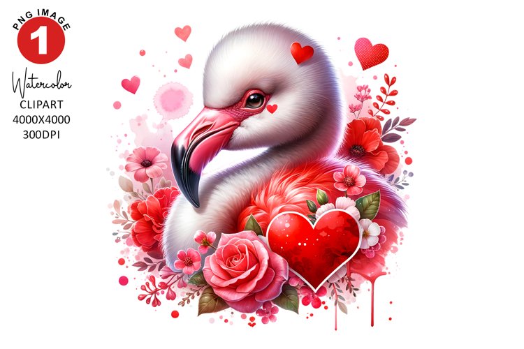 Valentines Day Flamingo Clipart | Watercolor Sublimation