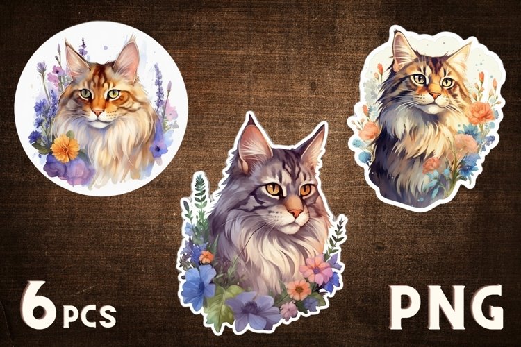 Maine Coon Cat Stickers - Digital Design - Printables - PNG