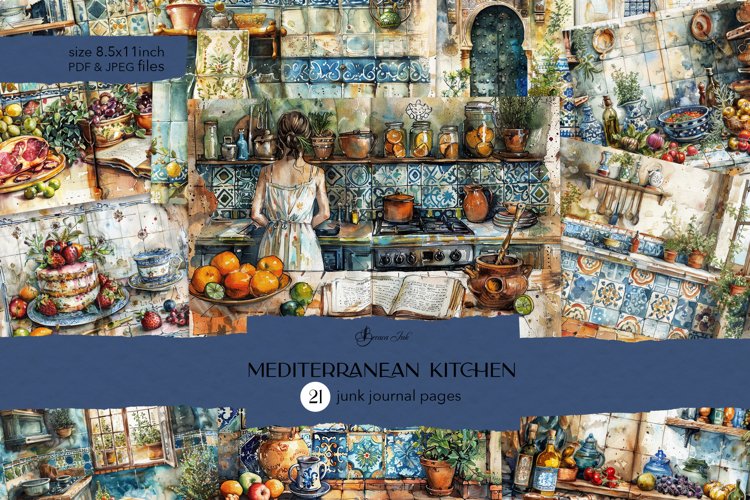Mediterranean kitchen digital junk journal, scrapbook paper