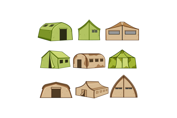 Military tent models displaying army and refugee camp shelte