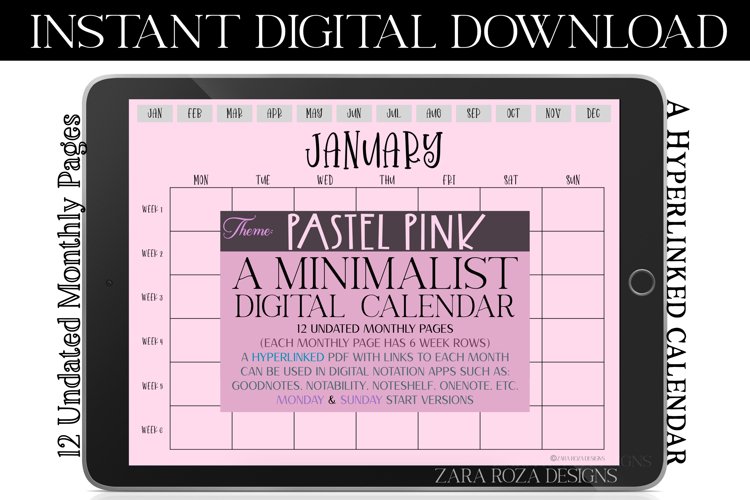 Pastel Pink Monthly Digital Calendar - Goodnotes, Notability
