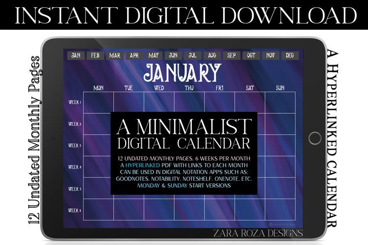 Royal Blue Digital Monthly Undated Goodnotes Calendar