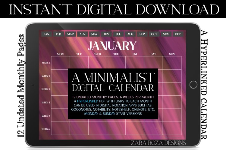 Rosy Vintage iPad Monthly Digital Planner Calendar