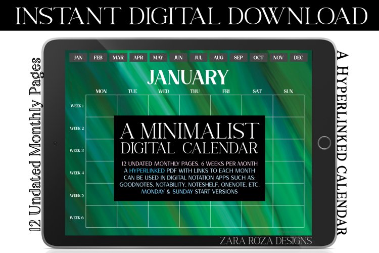 Vintage Emerald iPad Monthly Digital Planner Calendar
