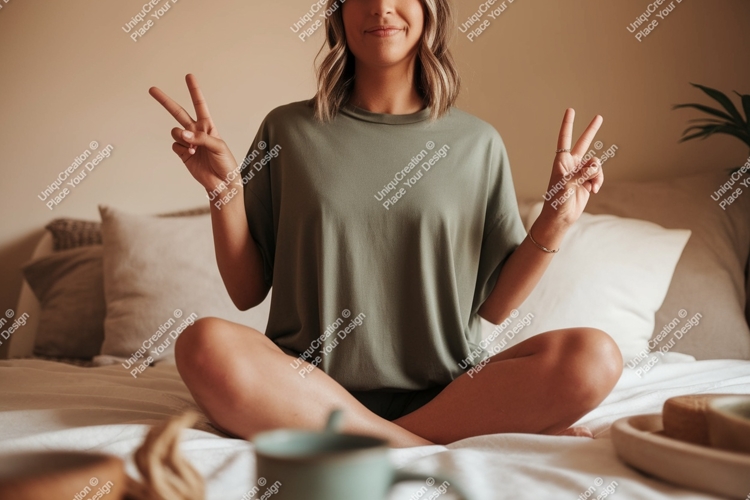 Woman peace sign relaxed green