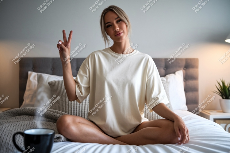 Woman peace sign comfortable relaxed image