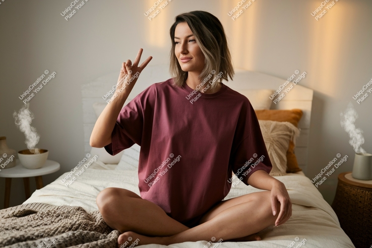 Woman wearing maroon t shirt peace sign image (5964051)