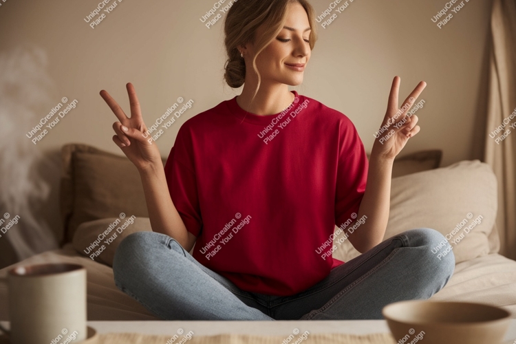 Woman red shirt peace sign jeans image