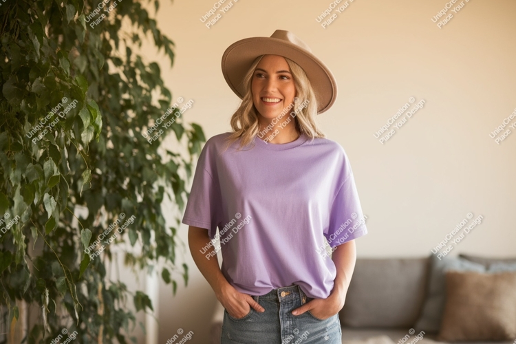 Woman wearing lavender t shirt and hat t-shirt (5979467)