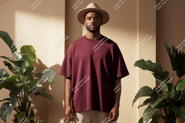 Man wearing maroon t shirt and hat image (5985388)