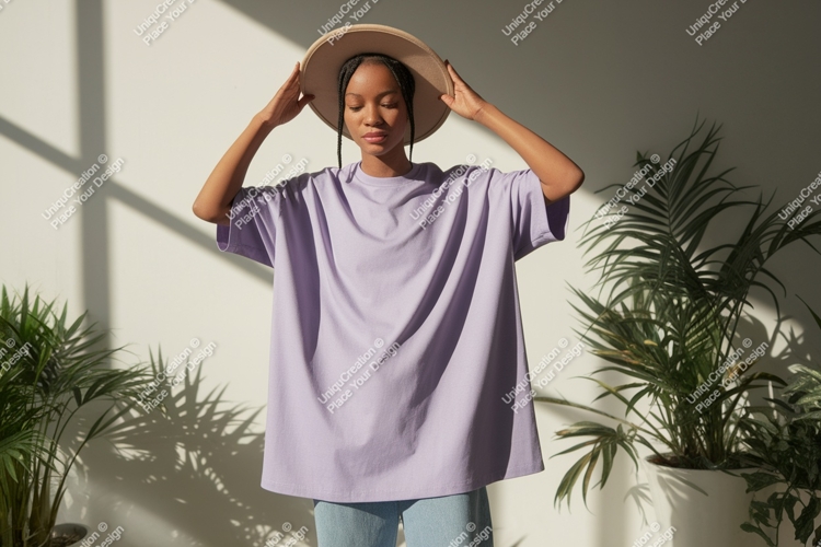 Woman wearing lavender t shirt and hat image (5985411)