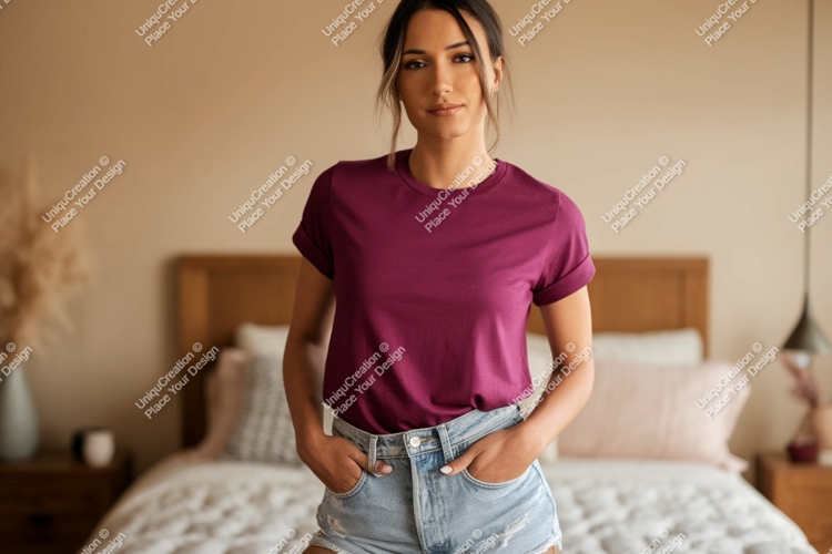 Woman wearing burgundy t shirt and denim shorts (6009187)