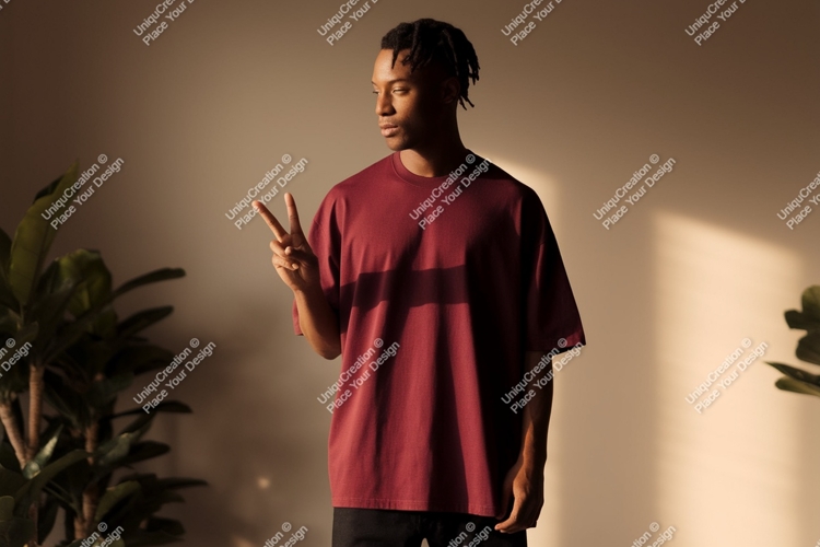 Man wearing maroon t shirt peace sign image (6030798)